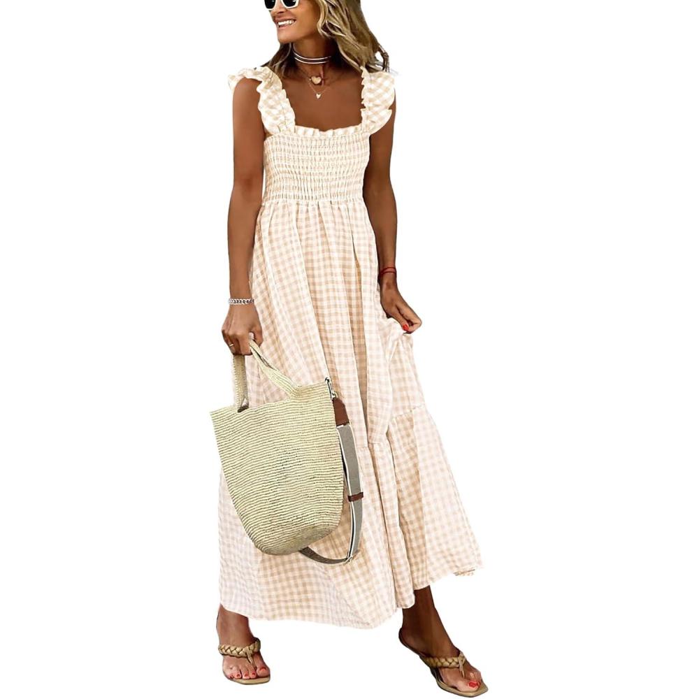 Caracilia Women’s Summer Casual Plaid Smocked Maxi Dress Ruffle ...