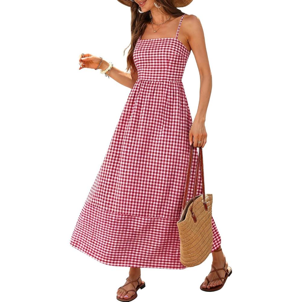 Caracilia Womens Maxi Dresses Gingham Spaghetti Strap Back Smocked ...